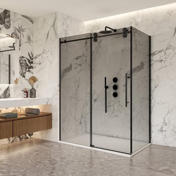 Vinnova Echarri 56" W x 78" H Rectangle Single Sliding Frameless Shower Enclosure in Matte Black ...